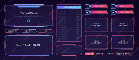 버튼 및 비디오 플레이어 Ui 템플릿이 있는 게임 프레임 스트림 오버레이 배너 미래형 라이브 인터페이스 격리된 스트리밍 쇼 그래픽 태그 모형 벡터 사각형 디지털 요소 세트