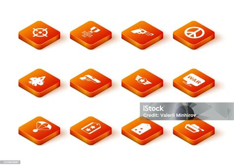 세트 낙하산 군사 계급 제트 전투기 권총 또는 총 스타 미국 군사 탱크와 단어 전쟁 아이콘 벡터 3차원 형태에 대한 스톡 벡터