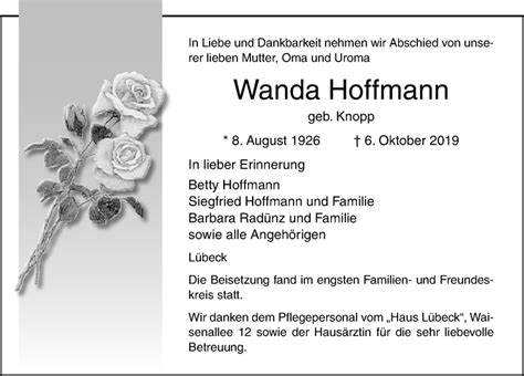 Traueranzeigen Von Wanda Hoffmann Trauer Anzeigende
