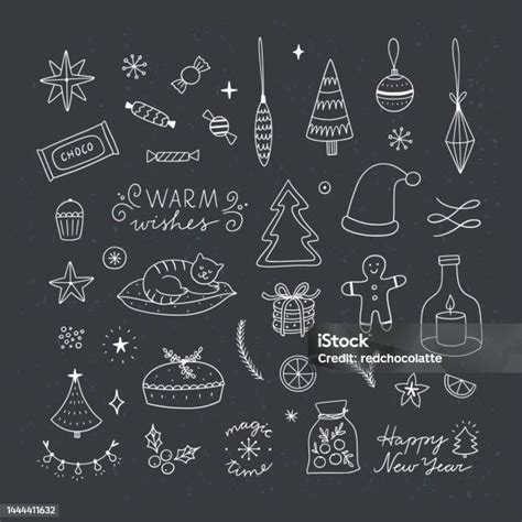 Cute Christmas Doodle Set Vector Winter Holidays Clipart Stock