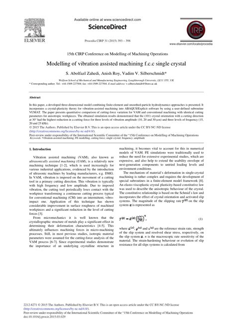 Pdf Modelling Of Vibration Assisted Machining Fcc Single Crystal