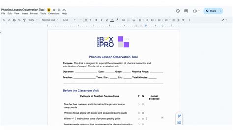 Phonics Lesson Observation Tool — Checkbox Pro