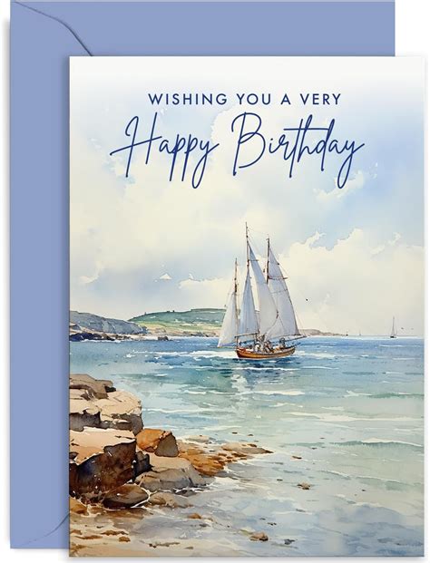 Traditional Male Birthday Card For Him Watercolour Coastal Sailing Boat Design Blue Coast