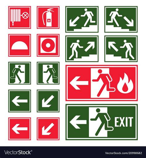 Evacuation And Emergency Signs In Green And Red Colors Set Fire Exit