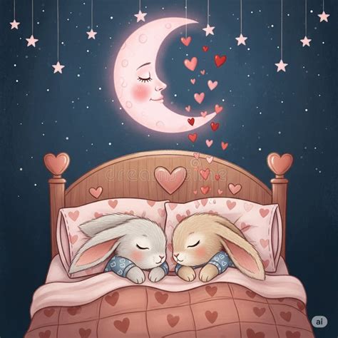 Happy Blissful Rabbit Couple Sleeping In Bed Illustration Stock Illustration Illustration Of