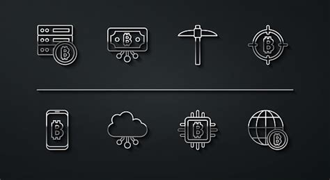 라인 서버 비트 코인 모바일에서 마이닝 비트 코인 대상 Cpu 마이닝 팜 암호 화폐 클라우드 회로 글로브 및 곡괭이 아이콘 설정 벡터 0명에 대한 스톡 벡터 아트 및 기타