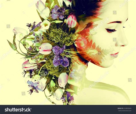 14 Abstract Double Exposure Portrait Beautiful Young Woman Face Flowers