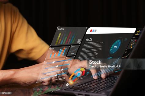 기술 재무 운영 영업 마케팅을 위해 데이터베이스에 연결된 Kpi 및 메트릭을 사용하여 차트가 있는 비즈니스 분석 대시보드에서 작업하는 데이터 분석가 Data Analyst에