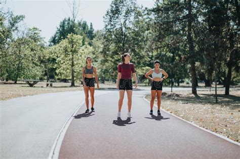 Encajar A Las Chicas Corriendo En Una Pista De Carreras En Un Parque Urbano Disfrutar De