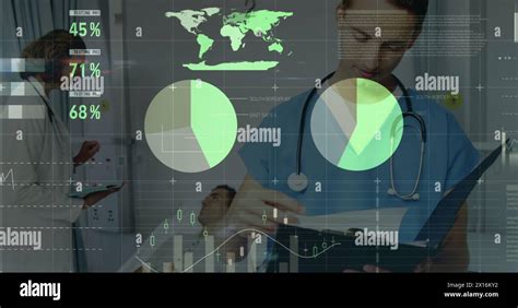 Image Of Data Processing Over Caucasian Female Doctor And Male Nurse