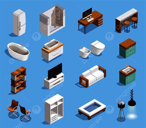 그림자 벡터 일러스트와 함께 세련된 격리 된 국내 가구 및 가전 제품 이미지의 가구 인테리어 요소 아이소 메트릭 세트 집 램프 소파 Png 일러스트 및 벡터 에 대한