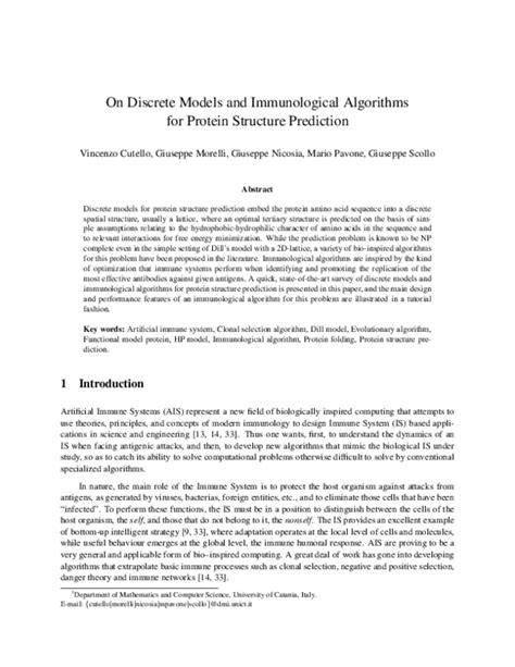 pdf on discrete models and immunological algorithms for protein structure prediction