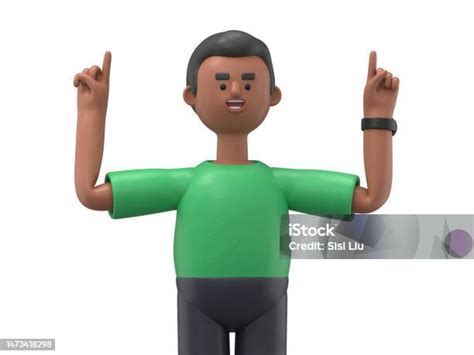 웃고 있는 잘생긴 아프리카 남자 데이비드의 3d 그림으로 손가락이 손 제스처를 가리키고 3d 흰색 배경에 렌더링됩니다 1에 대한
