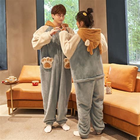 Pyjama Onesie En Polaire Moelleuse Pour Couple Vêtements De Détente à Capuche