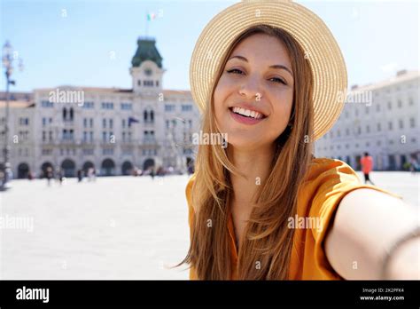 Cultural Tourism In Italy Self Portrait Of Smiling Traveler Girl
