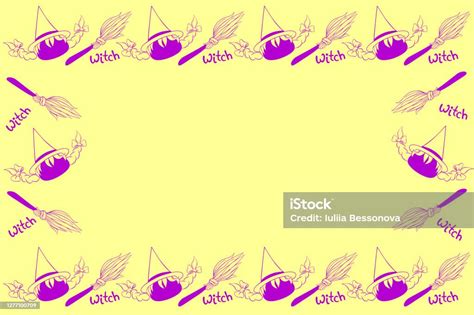 배경 할로윈프레임 마녀 아이콘과 빗자루의 수평 테두리 인사말 카드 초대장 파티 포스터 배너를 위한 배경 파워 걸과 축하의 테마 0명에 대한 스톡 벡터 아트 및 기타 이미지
