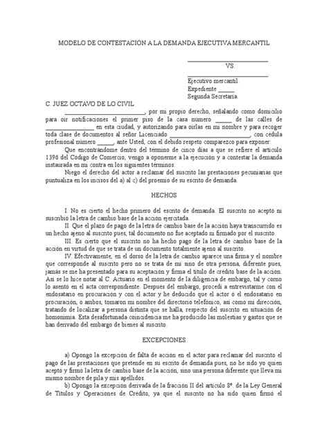 Modelo De Contestación A La Demanda Ejecutiva Mercantil 2 Pdf
