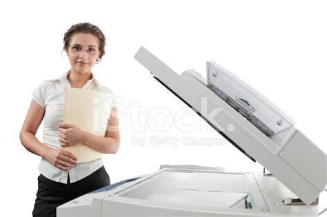Woman And Computer Printer Isolated On White Stock Photo Royalty Free FreeImages