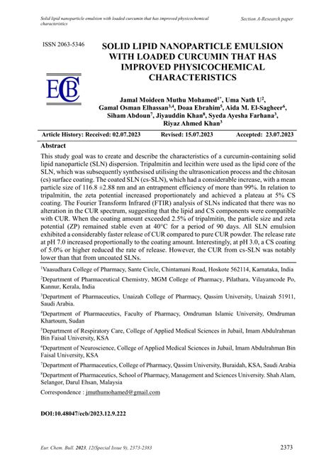Pdf Solid Lipid Nanoparticle Emulsion With Loaded Curcumin That Has Improved Physicochemical