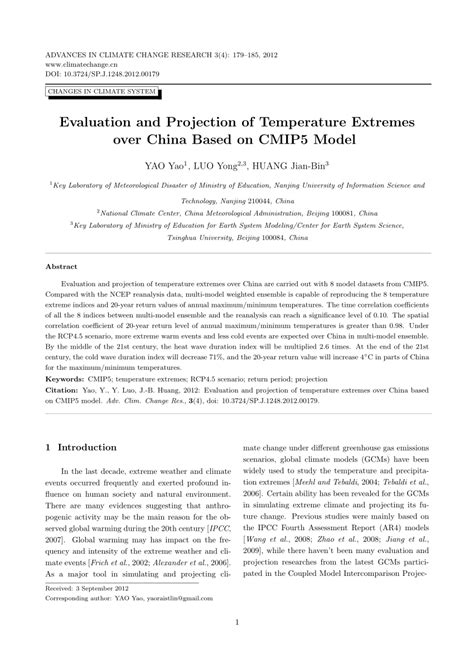 Pdf Evaluation And Projection Of Temperature Extremes Over China