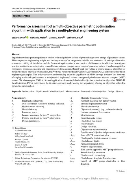 Performance Assessment Of A Multi Objective Parametric Optimization