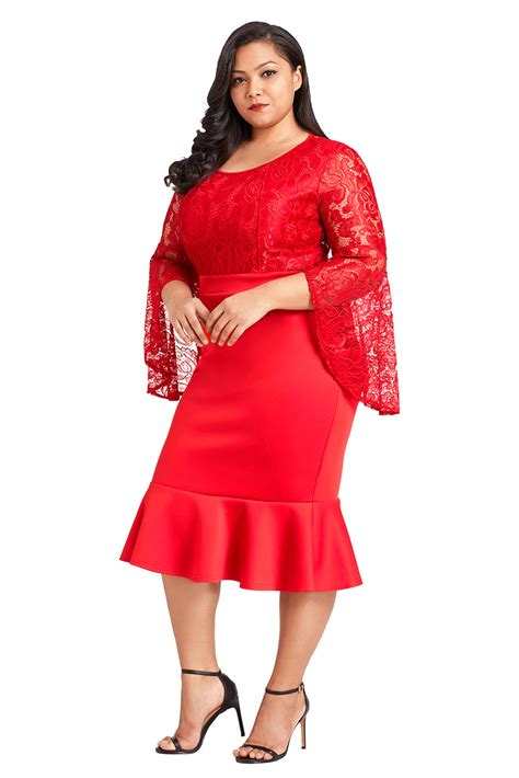 Sexy Red Plus Size Lace Bell Sleeve Mermaid Bodycon Dress Sexy
