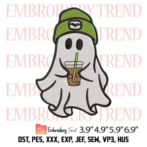 Ghost Drinking Iced Coffee Embroidery Design Halloween Embroidery Digitizing File