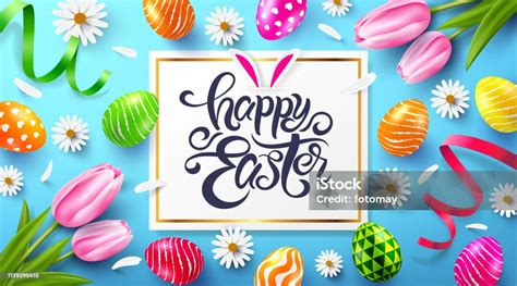 화려한 그린 부활절 달걀과 꽃과 함께 행복 한 부활절 포스터와 템플릿입니다 필기 비문 부활절 날 부활절 날에 대 한 프로 모션 및 쇼핑 템플릿 벡터 일러스트 레이 션