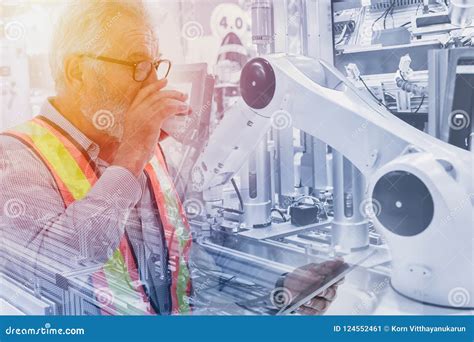 Engineer Using Tablet Control Robot Arm In Production Line For Robotic Stock Image Image Of