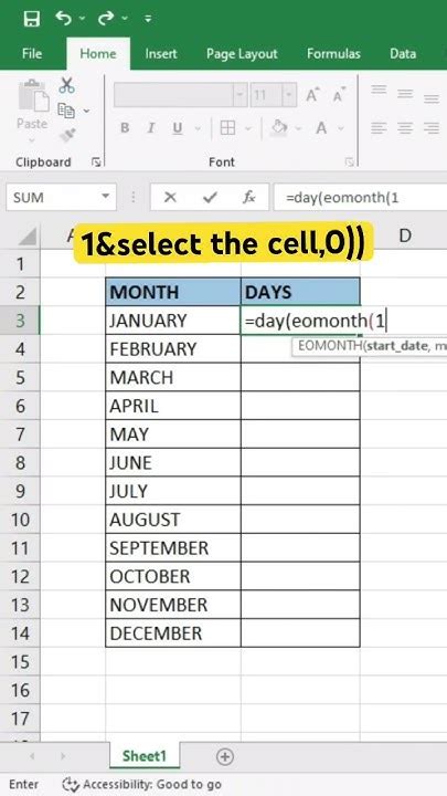 How To Get No Of Days In A Month Shorts Excel Excelshorts Shots