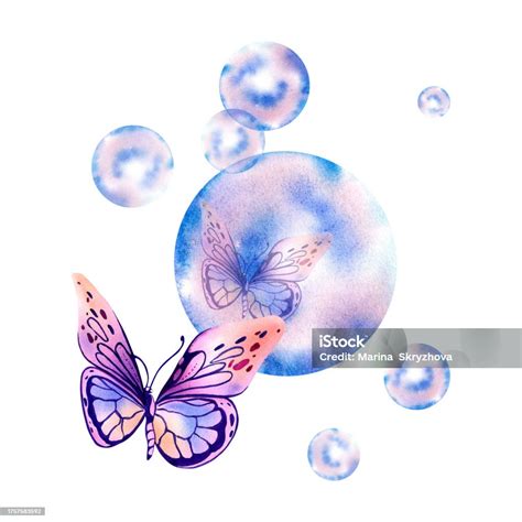 파란색 보라색 분홍색 날개와 거품을 가진 Morpho 나비 흰색 배경에 수채화 그림입니다 아름 다운 이국적인 곤충입니다 포장 디자인 엽서 나비에 대한 스톡 벡터 아트 및