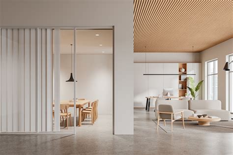 목재 가구 투명 유리 파티션 밝은 색 구성표 전문 작업 공간의 개념이 있는 넓고 현대적인 사무실 인테리어입니다 3d 렌더링 0