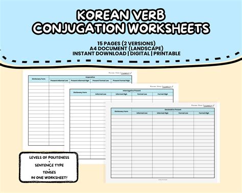 Korean Verb Conjugation Worksheet Practice Study Pack Digital