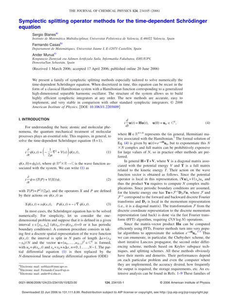 Pdf Symplectic Splitting Operator Methods For The Time Dependent Schrodinger Equation