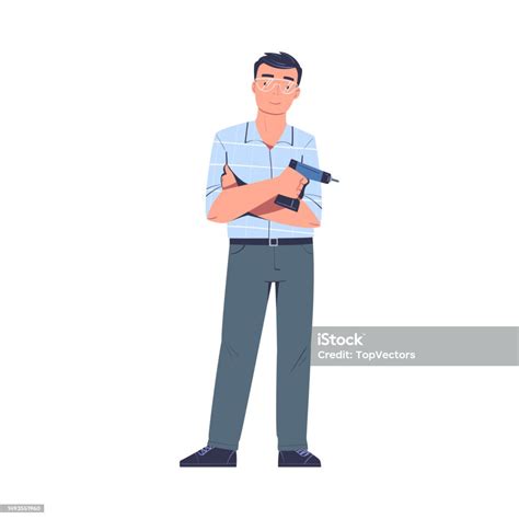 고글을 쓴 수리공이 벡터 일러스트레이션을 작업하고 고정하기 위한 드릴 도구를 들고 서 있다 남자에 대한 스톡 벡터 아트 및 기타