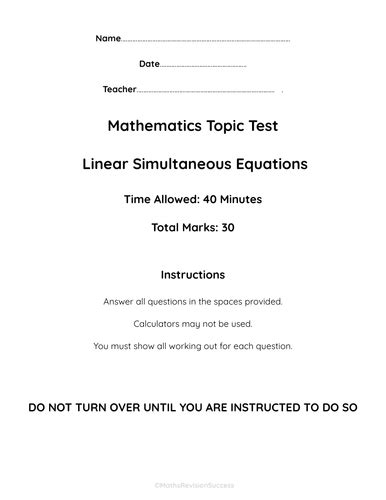 Linear Simultaneous Equations Topic Test Gcseigcse Teaching Resources
