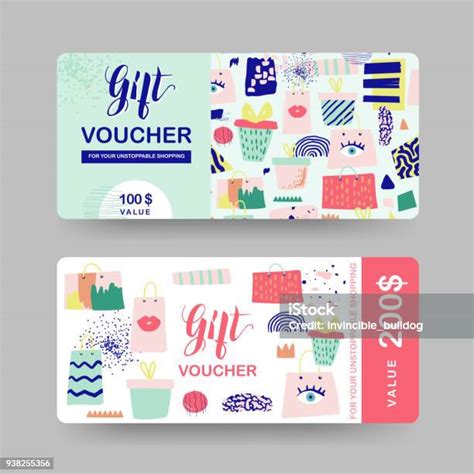 선물 바우처 서식 파일이입니다 쇼핑 가방 및 패션 요소와 쿠폰 인증 카드 할인 판매 프로 모션 배너 전단지 웹 디자인 벡터 일러스트 레이 션 가격에 대한 스톡 벡터 아트 및