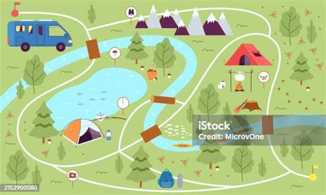 만화 캠핑 지도 자연에서 즐기는 계절별 모험 교통 수단 호수 및 텐트가 있는 캠프 인포그래픽 하이킹 계획 괜찮은 벡터 배경 지도에 대한 스톡 벡터 아트 및 기타 이미지
