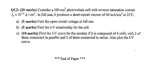 Solved Consider A 100 Cm2 Photovoltaic Cell With Reverse