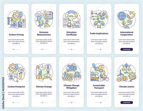 2d Icons Representing Carbon Border Adjustment Mobile App Screen Set Walkthrough 5 Steps