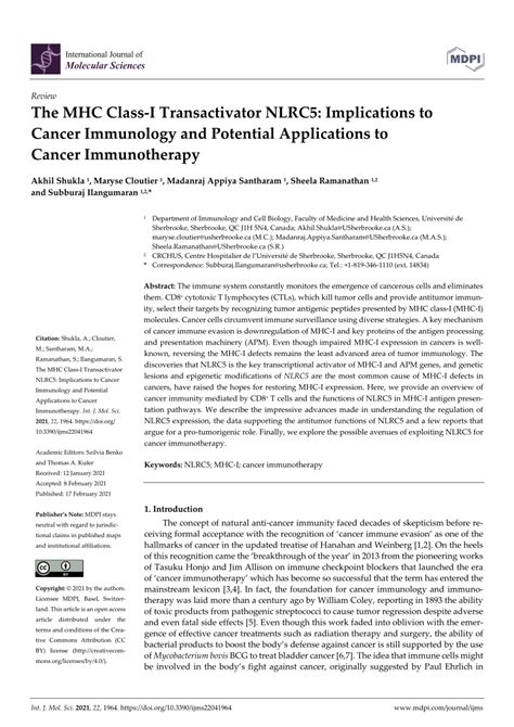 Pdf The Mhc Class I Transactivator Nlrc5 Implications To Cancer Immunology And Potential