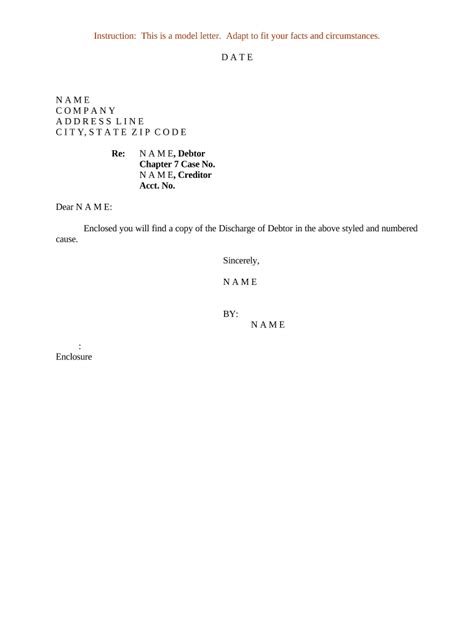 Sample Letter Regarding Discharge Of Debtor Doc Template Pdffiller