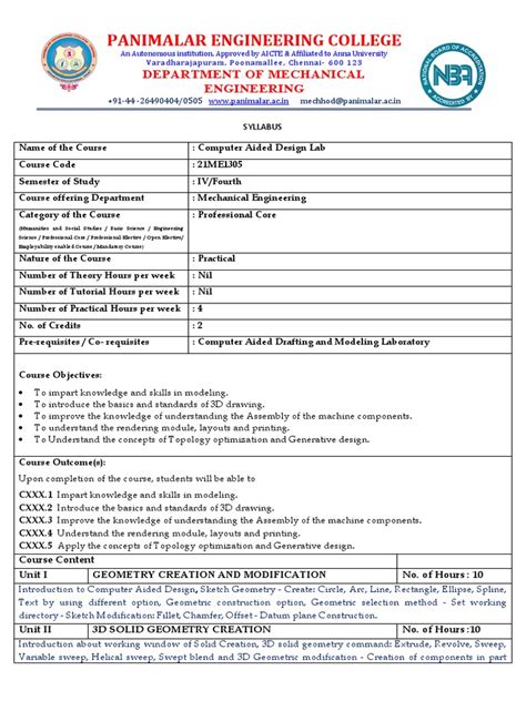 Cad Lab Syllabus Explains Modeling Rendering And Optimization Pdf Computer Aided Design 3 D