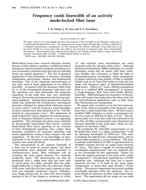 Pdf Frequency Comb Linewidth Of An Actively Mode Locked Fiber Laser