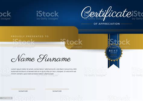 감사 템플릿 금색 및 파란색 인증서 골드 배지로 현대적인 인증서를 청소하십시오 고급스럽고 현대적인 라인 패턴의 인증서 테두리 템플릿 디플로마 벡터 템플릿 감사장에 대한 스톡