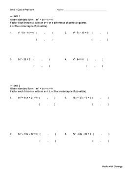 Quadratic Skills Unit By Jenergy Teachers Pay Teachers
