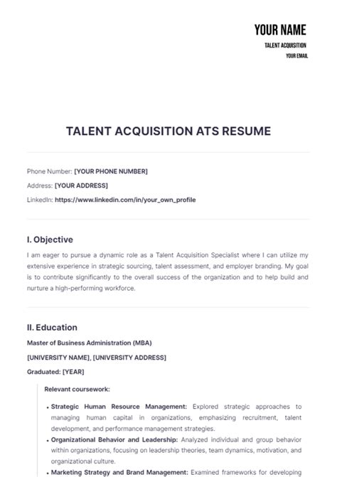 Free Talent Acquisition Ats Resume Template To Edit Online