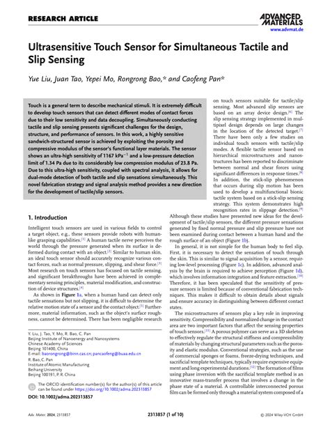 Ultrasensitive Touch Sensor For Simultaneous Tactile And Slip Sensing Request Pdf