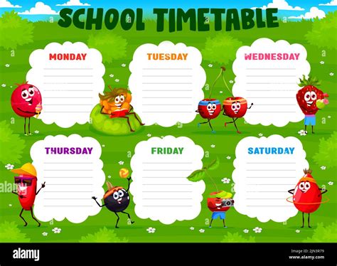 Education Timetable Cartoon Berry Characters Relaxing On Green Meadow School Classes Daily