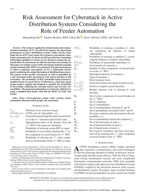 Pdf Risk Assessment For Cyberattack In Active Distribution Systems Considering The Role Of